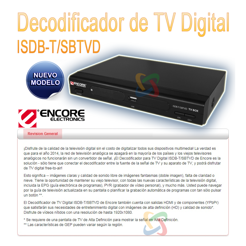 Decodificador de TV digital ISDB-T/SBTVD Encore enxtv-dit